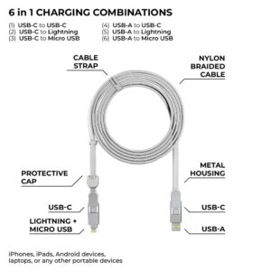 Rolling Square inCharge XL 6-in-1 Multi Charging Cable, Portable USB and USB-C Cable with 100W Ultra-Fast Charging Power, 10 Ft/3m, Glacier White