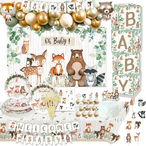 HEETON Woodland Baby Shower Party Supplies Decorations Boxes Fox Balloon Oh Baby Welcome Baby Banner Creatures Fawn Animal Friends Garland Backdrop Cake Cupcake Topper for Girl Boy Gender Reveal