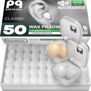 pq wax ear plugs for sleeping, swimming - 50 noise cancelling silicone gel wax earplugs, ear protection for sleep and swim, soft wax pillows with sound blocking level 32db, (50 pillows), color: white