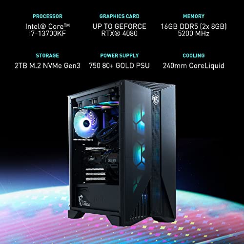 MSI Aegis RS Gaming Desktop: Intel Core i7-13700KF, GeForce RTX 4080, 16GB DDR5, 2TB M.2 NVMe, Liquid Cooling, 80+ Gold PSU, WiFi 6E, Keyboard & Mouse, DIY Friendly, Windows 11 Home: 13NUG-427US