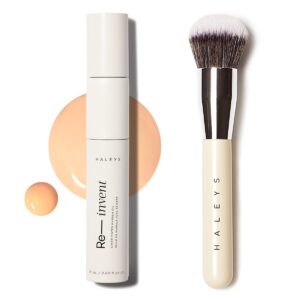 HALEYS Skin Tint Set (Light/Medium Warm): Re-invent Sheer Tinted Marula Oil, Skin Tint, Tinted BB Moisturizer, Face Oil, Hydrating Glowing Skin, Brilliant Kabuki Brush, Streak-free Blending, Buff, Blu