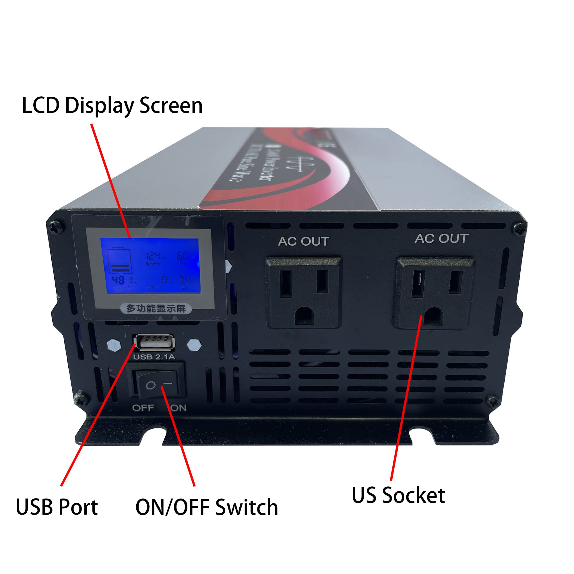 KRXNY 2500W Off Grid Pure Sine Wave Power Inverter 48V DC to 110V 120V AC 60HZ with USB Port LCD Display for Home Solar/RV