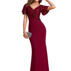 Ever-Pretty Women's Fall V-Neck Short Sleeves Sequin Top Mermaid Long Evening Party Dress Burgundy US10