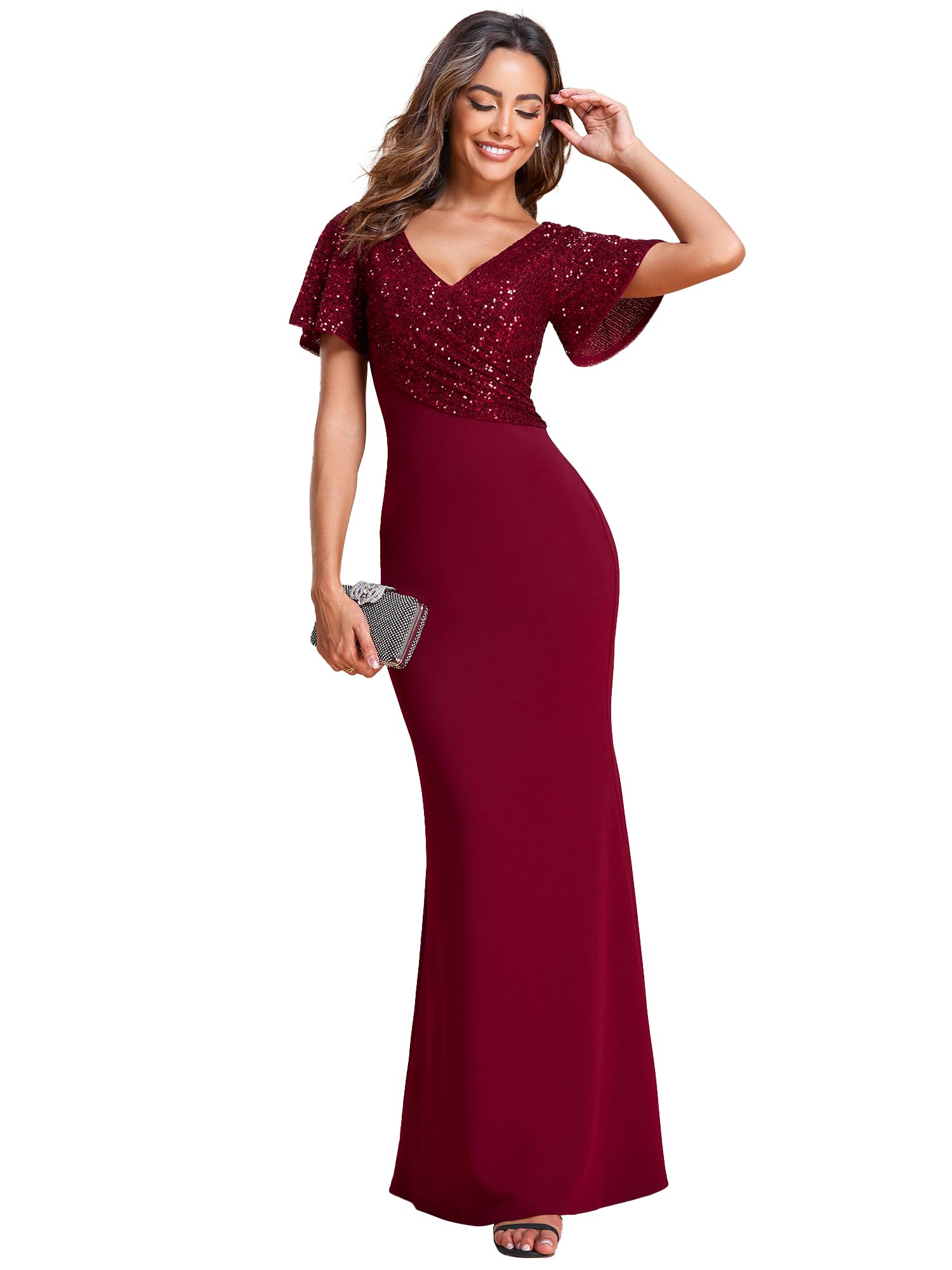 Ever-Pretty Women's Fall V-Neck Short Sleeves Sequin Top Mermaid Long Evening Party Dress Burgundy US10