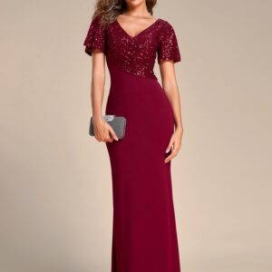 Ever-Pretty Women's Fall V-Neck Short Sleeves Sequin Top Mermaid Long Evening Party Dress Burgundy US10