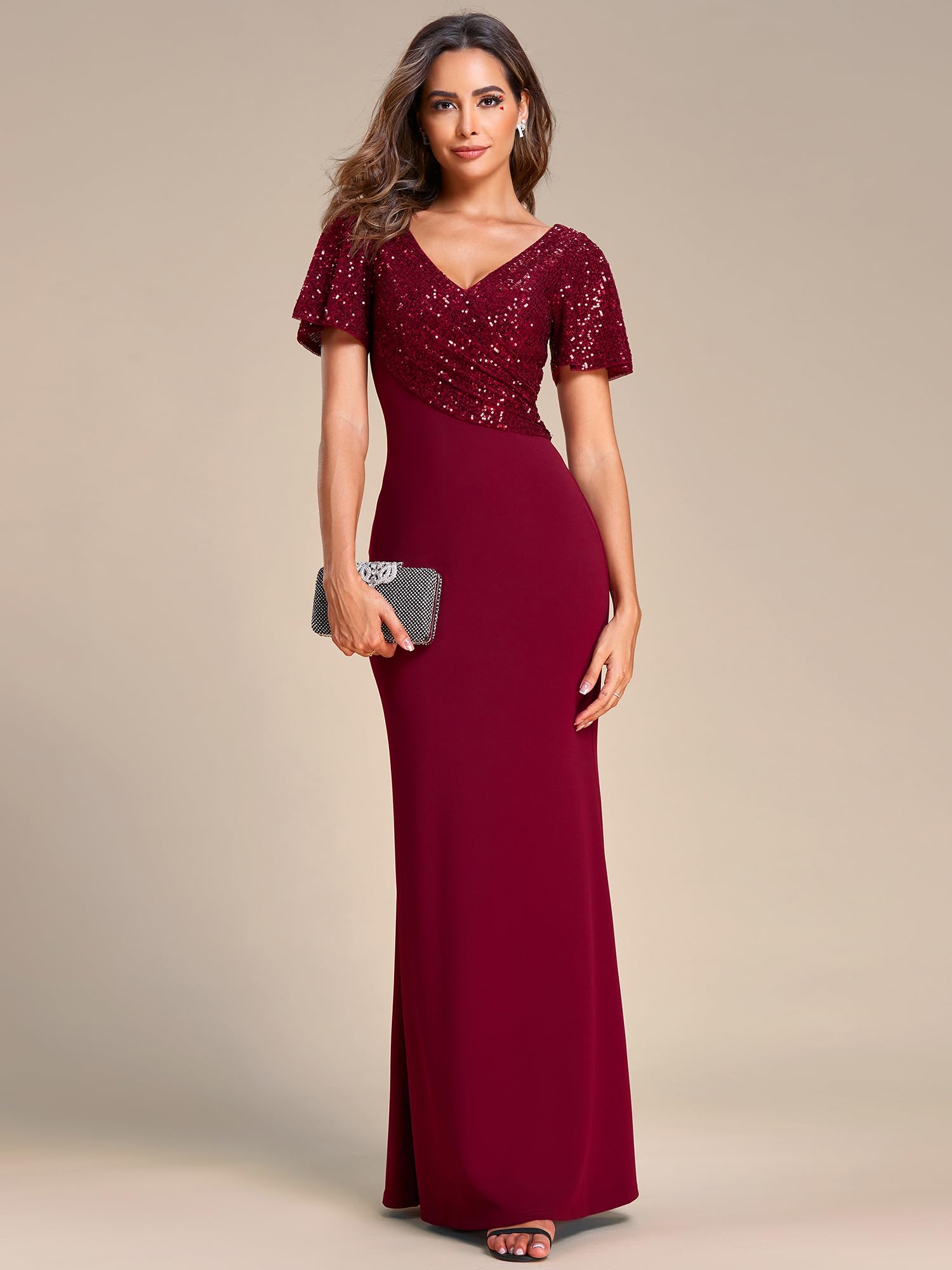 Ever-Pretty Women's Fall V-Neck Short Sleeves Sequin Top Mermaid Long Evening Party Dress Burgundy US10