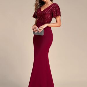 Ever-Pretty Women's Fall V-Neck Short Sleeves Sequin Top Mermaid Long Evening Party Dress Burgundy US10