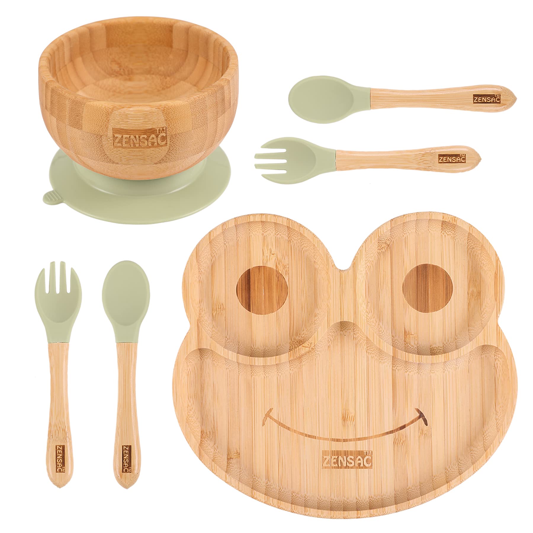 6PCS Bamboo Baby Feeding Set, Baby Suction Bowl & Plate with Silicone Spoons & Forks, Wooden Feeding Supplies for Infant & Toddlers, Baby Led Weaning Supplies Non Slip & BPA Free (Green-Frog)