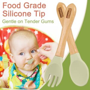 6PCS Bamboo Baby Feeding Set, Baby Suction Bowl & Plate with Silicone Spoons & Forks, Wooden Feeding Supplies for Infant & Toddlers, Baby Led Weaning Supplies Non Slip & BPA Free (Green-Frog)