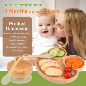 6PCS Bamboo Baby Feeding Set, Baby Suction Bowl & Plate with Silicone Spoons & Forks, Wooden Feeding Supplies for Infant & Toddlers, Baby Led Weaning Supplies Non Slip & BPA Free (Green-Frog)