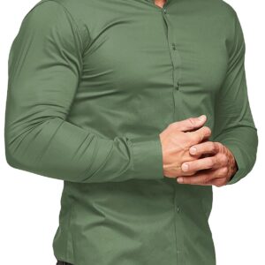 URRU Men's Muscle Dress Shirts Slim Fit Stretch Long Sleeve Casual Button Down Shirts Army Green M