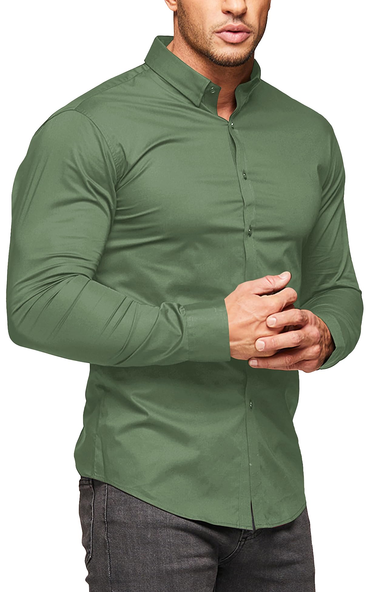 URRU Men's Muscle Dress Shirts Slim Fit Stretch Long Sleeve Casual Button Down Shirts Army Green M