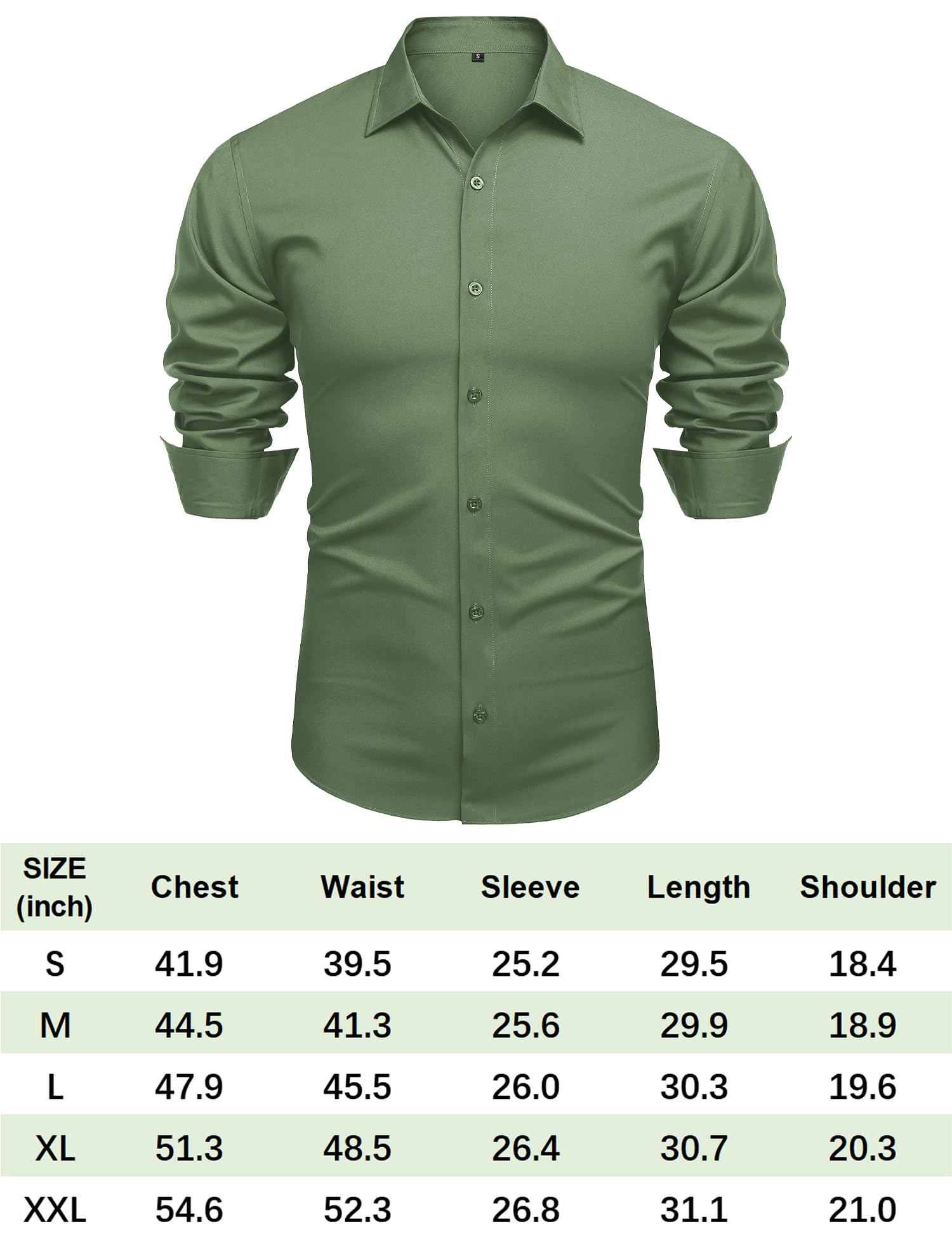 URRU Men's Muscle Dress Shirts Slim Fit Stretch Long Sleeve Casual Button Down Shirts Army Green M