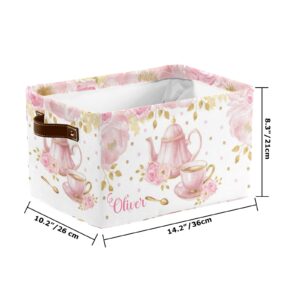 SunFancy Pink Dot Flower Personalized Storage Bins Box Baskets with Handle Cubes Clothes Basket Box for Women Christmas Office Holiday 1 Pack