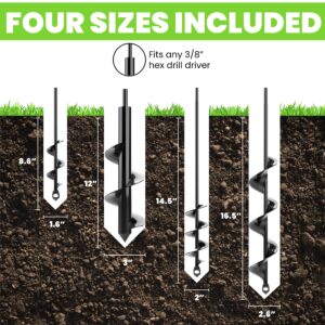 K-Brands Auger Drill Bit for Planting 4 Pack – Garden Spiral Hole Drill and Bulb Planter Tool - Bedding Plants, Umbrella Holes – for 3/8 Inch Hex Drive Drill