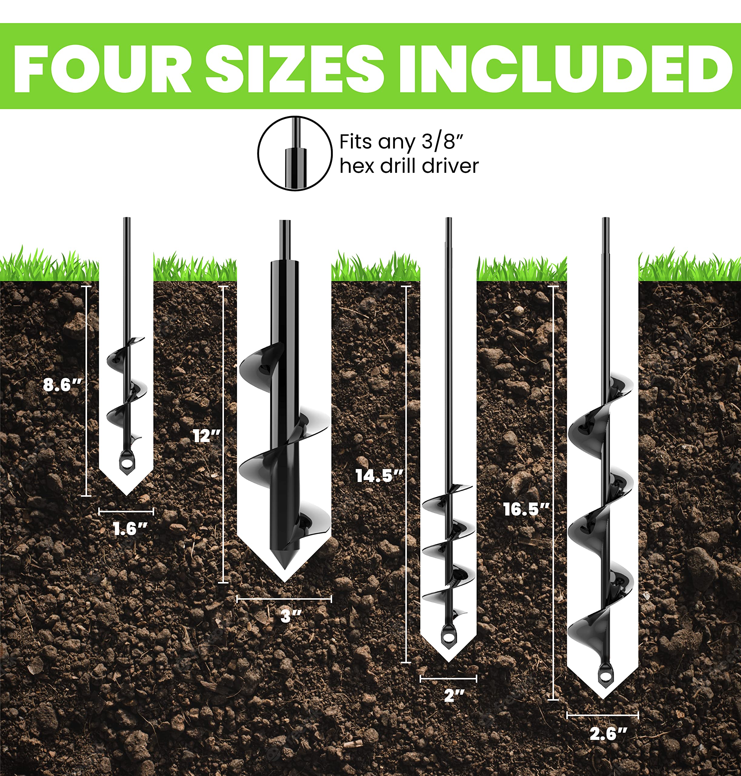 K-Brands Auger Drill Bit for Planting 4 Pack – Garden Spiral Hole Drill and Bulb Planter Tool - Bedding Plants, Umbrella Holes – for 3/8 Inch Hex Drive Drill