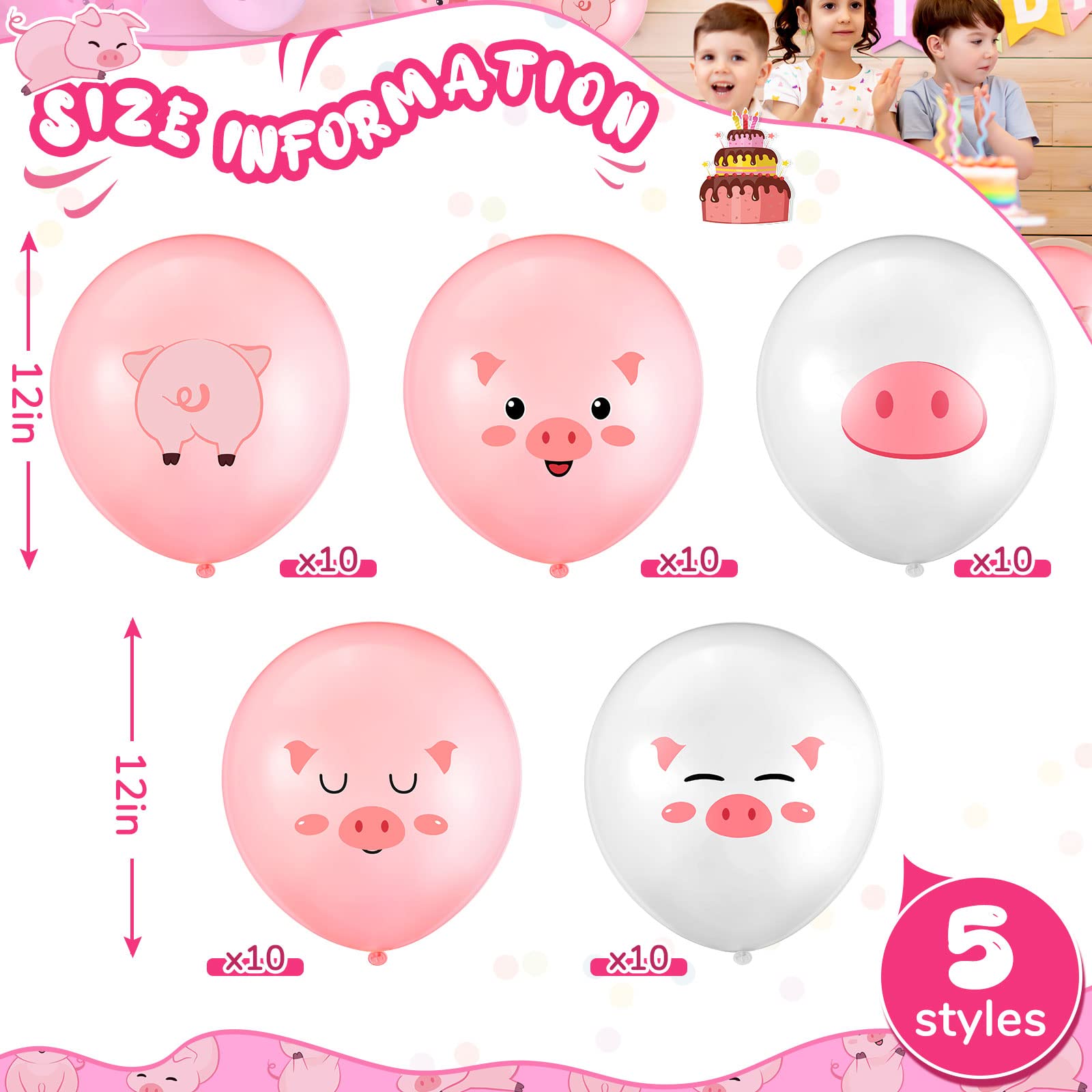 50 Pcs Pig Farm Animal Balloons 12 Inch Pig Print Latex Balloons Piggy Pink Birthday Party Decorations Cute Kids Party Balloons for Farmhouse Pink Farm Themed Birthday Baby Shower Party Supplies