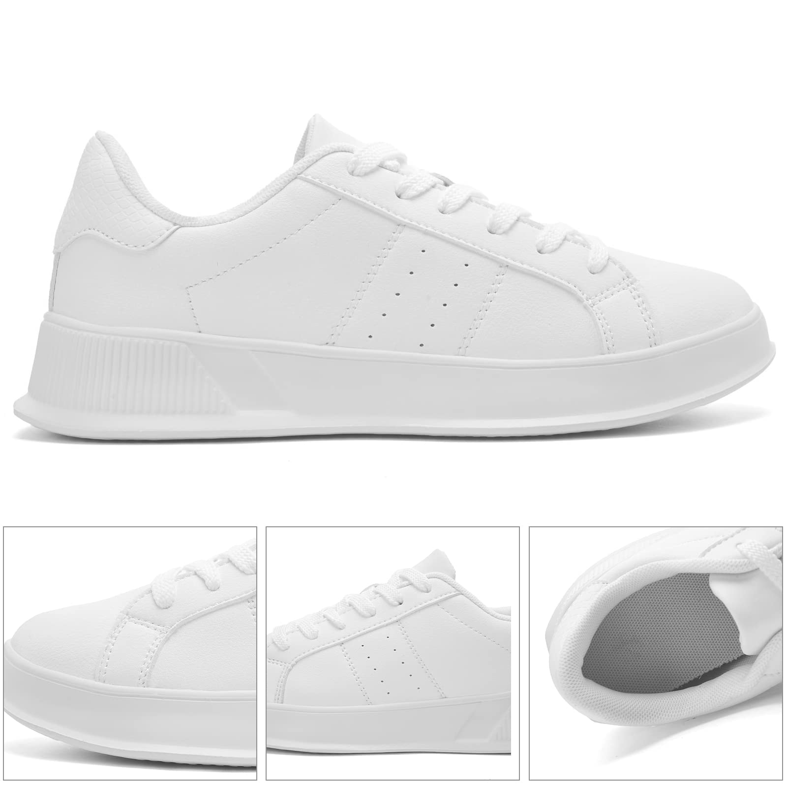 Lightweight White Leather Sneakers for Women - Comfort Lace Up Memory Foam Classic Walking Tennis Fashion Casual Skate Plain Shoes White Size 9