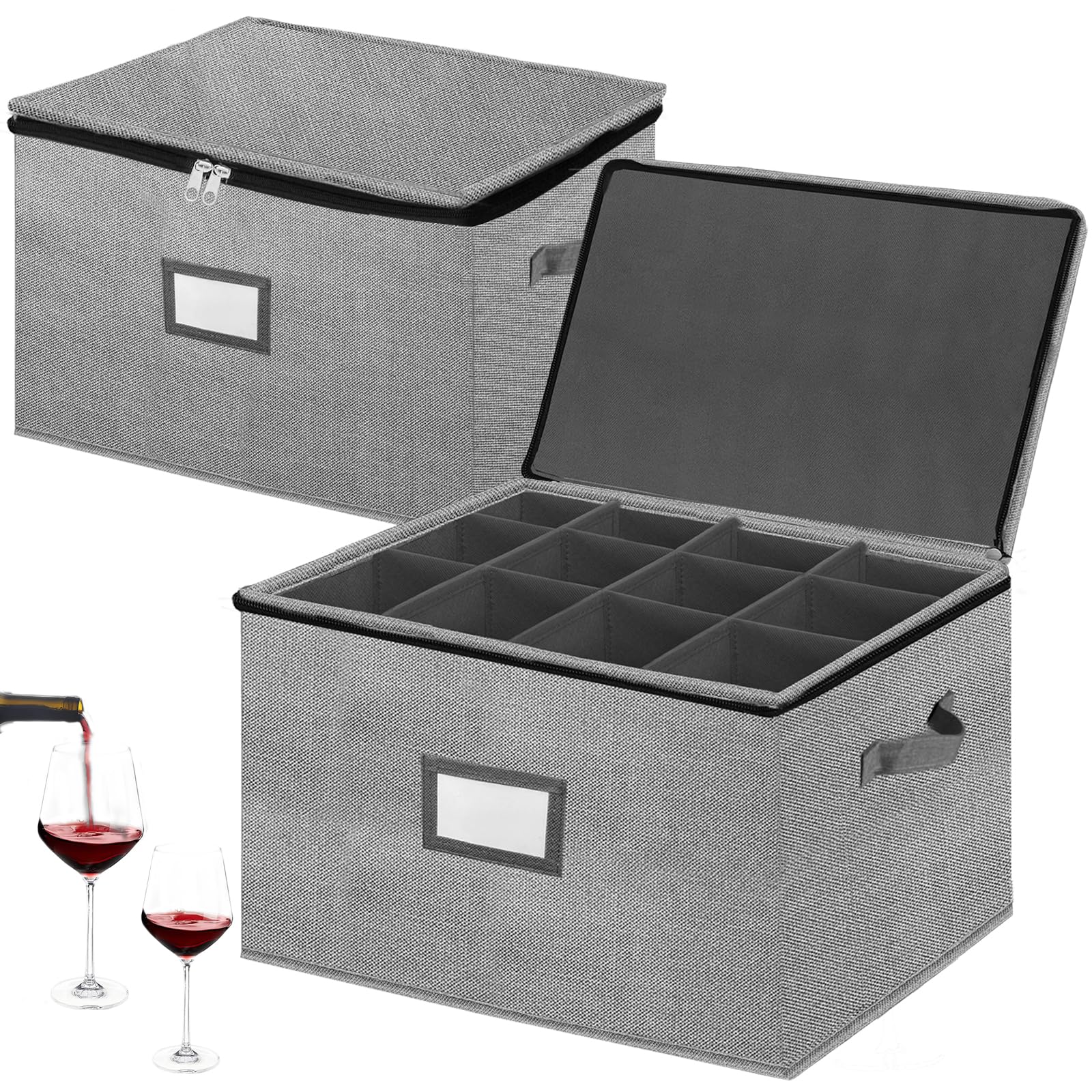 Xmasorme Stemware Storage Cases,Wine Glass Storage Box with Dividers 2 Pack,Hard Shell China Storage Containers for 12 Red Wine Glasses with Label Window,Handles