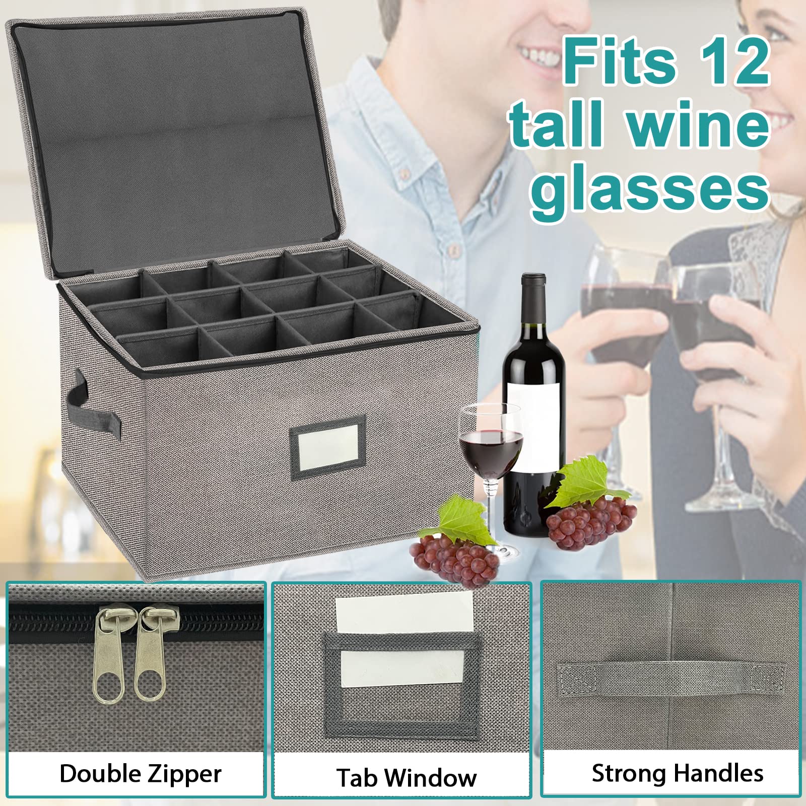 Xmasorme Stemware Storage Cases,Wine Glass Storage Box with Dividers 2 Pack,Hard Shell China Storage Containers for 12 Red Wine Glasses with Label Window,Handles