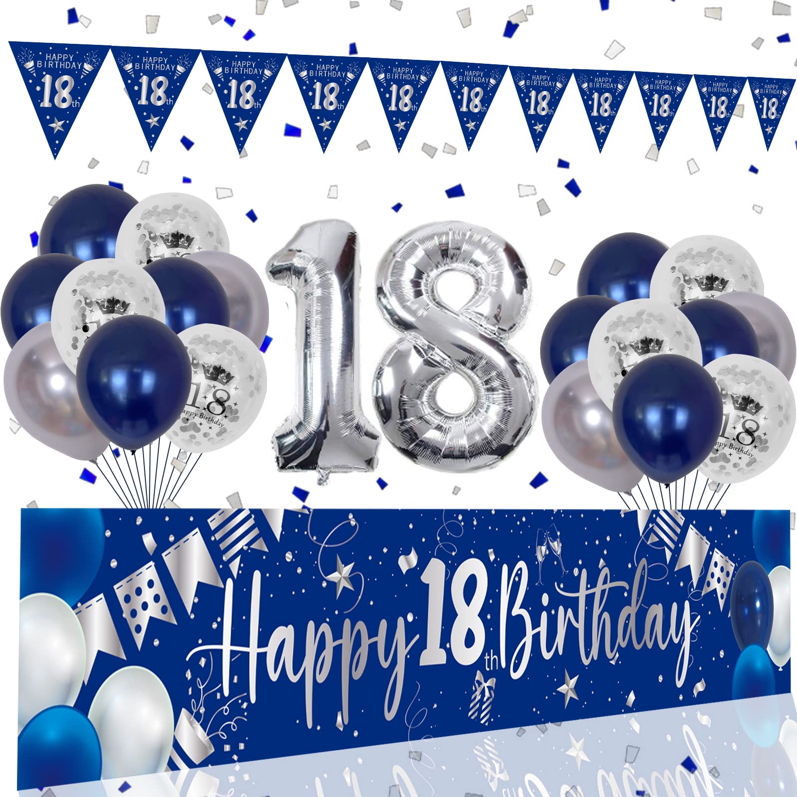 18th Birthday Decorations for Boys and Girls Blue, Happy 18th Birthday Backdrop Banner Balloons 18 Years Old Party Supplies with HAPPY BIRTHDAY Banner Silver 18 Birthday Decor 18th Bday Women Her Him