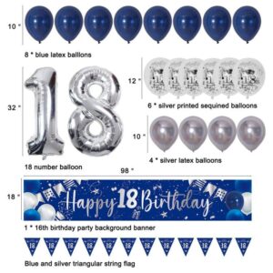 18th Birthday Decorations for Boys and Girls Blue, Happy 18th Birthday Backdrop Banner Balloons 18 Years Old Party Supplies with HAPPY BIRTHDAY Banner Silver 18 Birthday Decor 18th Bday Women Her Him