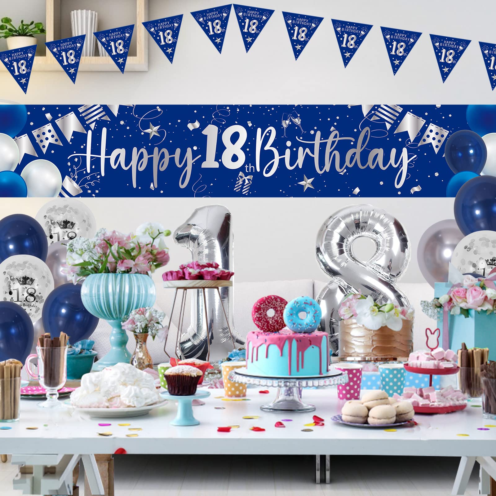 18th Birthday Decorations for Boys and Girls Blue, Happy 18th Birthday Backdrop Banner Balloons 18 Years Old Party Supplies with HAPPY BIRTHDAY Banner Silver 18 Birthday Decor 18th Bday Women Her Him