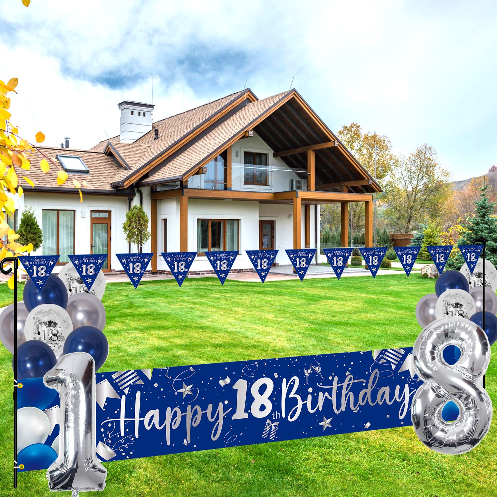 18th Birthday Decorations for Boys and Girls Blue, Happy 18th Birthday Backdrop Banner Balloons 18 Years Old Party Supplies with HAPPY BIRTHDAY Banner Silver 18 Birthday Decor 18th Bday Women Her Him