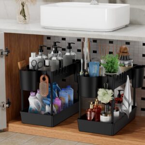 PTOJ Under Sink Organizer, 2 tier Kitchen Under Cabinet Countertop Organizers Storage Rack Basket with 10 Hooks and 4 Hanging Cup for Bathroom,Multi-Purpose Storage Shelf for Kitchen (2)