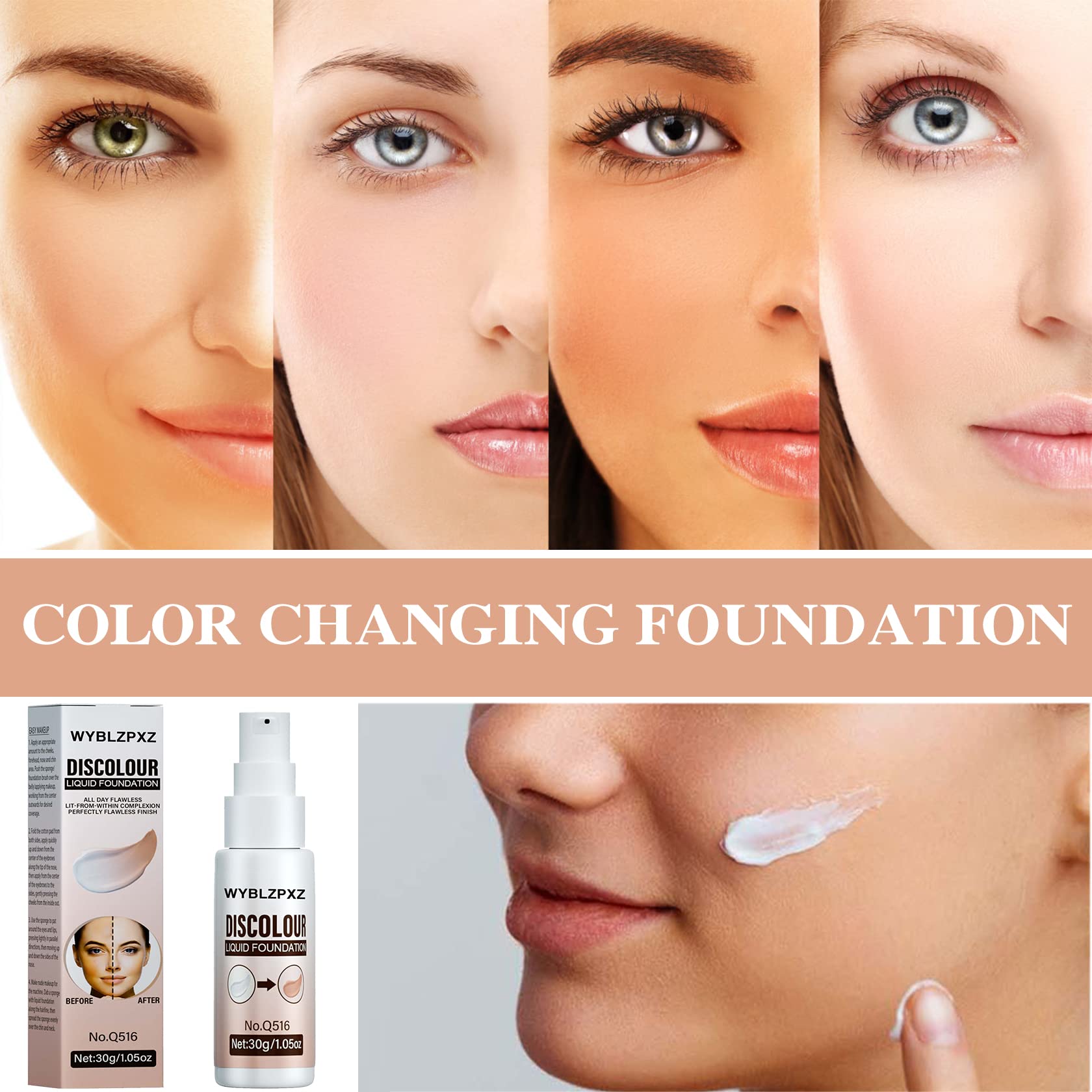 WYBLZPXZ Color Changing Foundation,Moisturizing Concealer Cover Cream Long Lasting Flawless Colour Changing Liquid Foundation Brighten Skin Tone Full Coverage Makeup