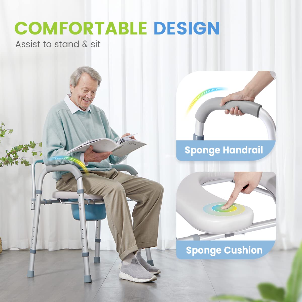 OasisSpace Stand Alone Raised Toilet Seat 500lbs - Adjustable Toilet Safety Frame Raised Toilet Seat with Handles for Elderly, Medical Beside Commode Chair for Senior and Disabled