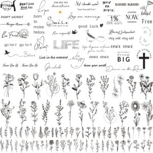 zeecdatoo 160+ pcs realistic temporary tattoos, 74 sheets bigger size three types fake include 40 inspirational quotes words 22 wild flower floral and 12 small leaf tattoo stickers for women