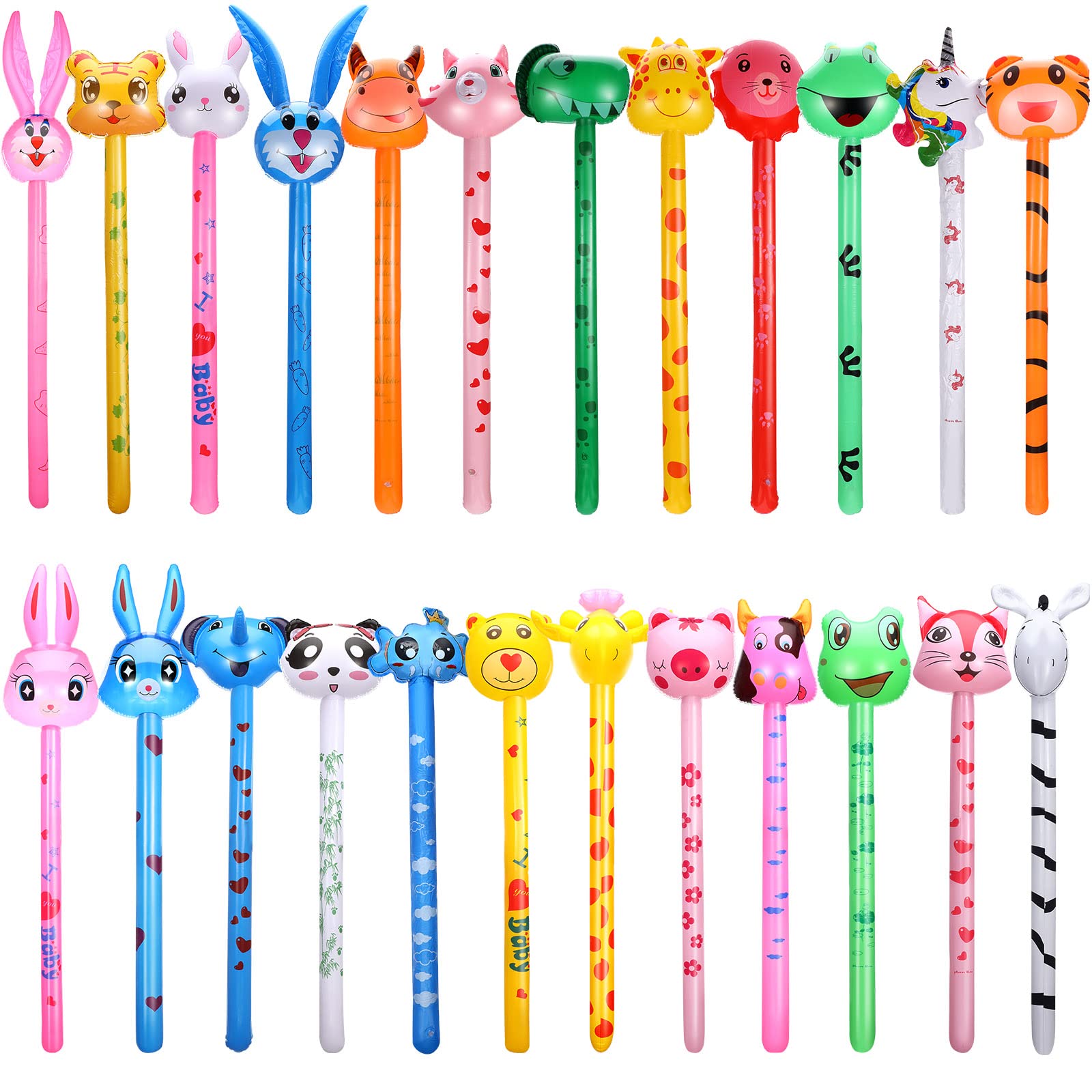 24 Pcs PVC Inflatables Toys Animals Stick with Sound Jungle Safari Animal Balloons Frog Tiger Cow Giraffe Panda Inflatable Hammer Blow up Toys for Animal Theme Birthday Party Favors Decorations