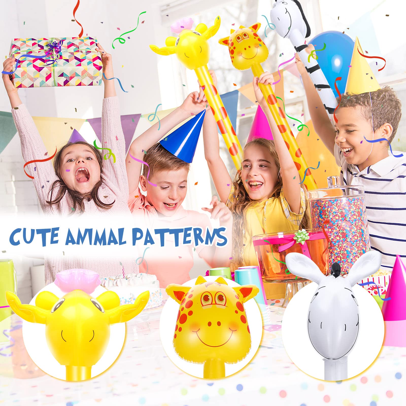 24 Pcs PVC Inflatables Toys Animals Stick with Sound Jungle Safari Animal Balloons Frog Tiger Cow Giraffe Panda Inflatable Hammer Blow up Toys for Animal Theme Birthday Party Favors Decorations