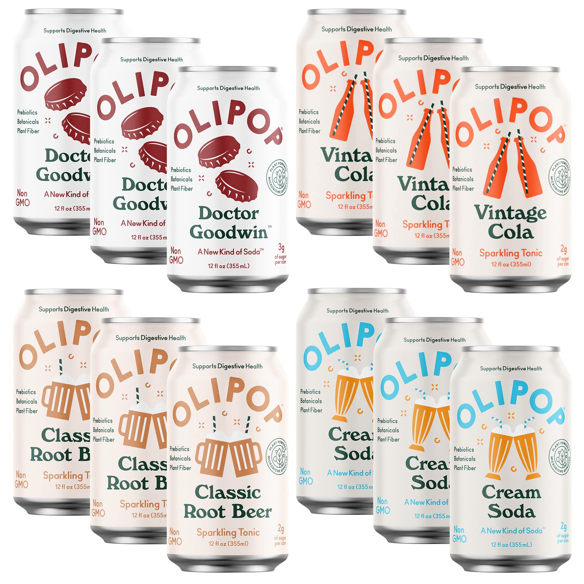 OLIPOP - 4-Flavor Sparkling Tonic Retro Greatest Hits Variety Pack, Prebiotic Soda Sampler, Rich in Botanicals, 9g of Dietary Plant Fiber, Vegan, Low-Sugar, Low-Calorie, Non-GMO (12oz, 12-Pack)