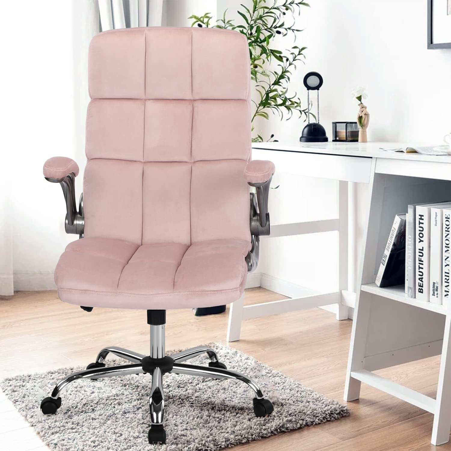 KCREAM Home Office Chair Executive Chair Frabic Computer Desk Chair, High Back Adjustable Tilt Angle and Flip-up Arms and Thick Padding for Comfort and Ergonomic Design for Back Support (Pink)