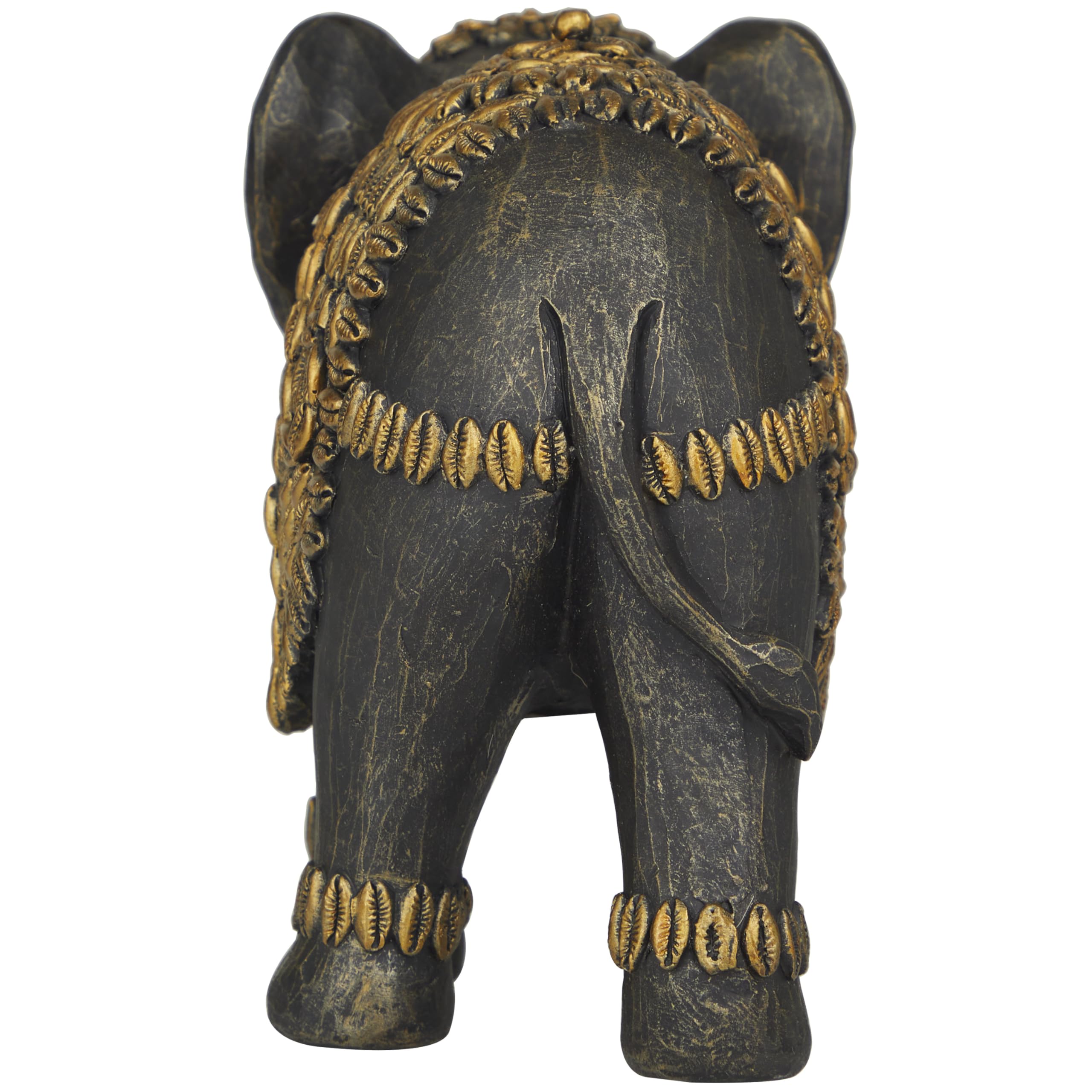 Deco 79 Polystone Elephant Sculpture with Cowrie Shell Carvings, 5" x 10" x 7", Black