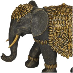 Deco 79 Polystone Elephant Sculpture with Cowrie Shell Carvings, 5" x 10" x 7", Black