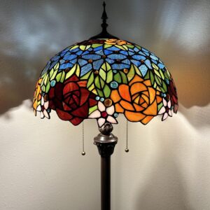 enjoy decor lamps Tiffany Floor Lamp Red Orange Blue Stained Glass Rose Flowers Included LED Bulbs for Living Room Bedroom Office Hotel H64*W16 in