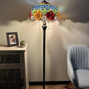 enjoy decor lamps Tiffany Floor Lamp Red Orange Blue Stained Glass Rose Flowers Included LED Bulbs for Living Room Bedroom Office Hotel H64*W16 in