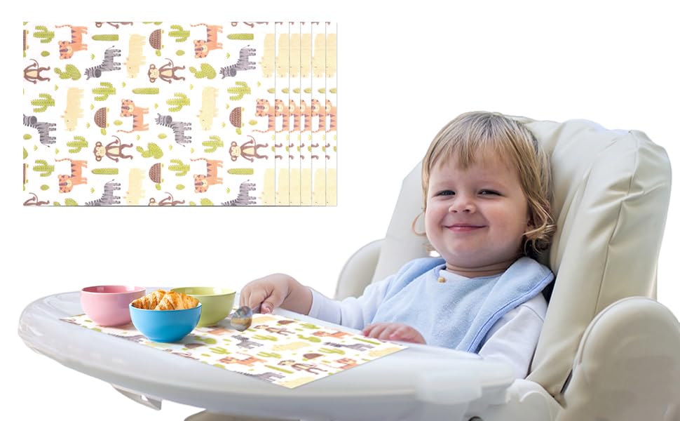 20PCS Disposable Placemats for Baby and Children, Waterproof, Absorbent, Leak-Proof, Suitable for Home, Outdoor Travel and School Use, etc., Happy Zoo Theme