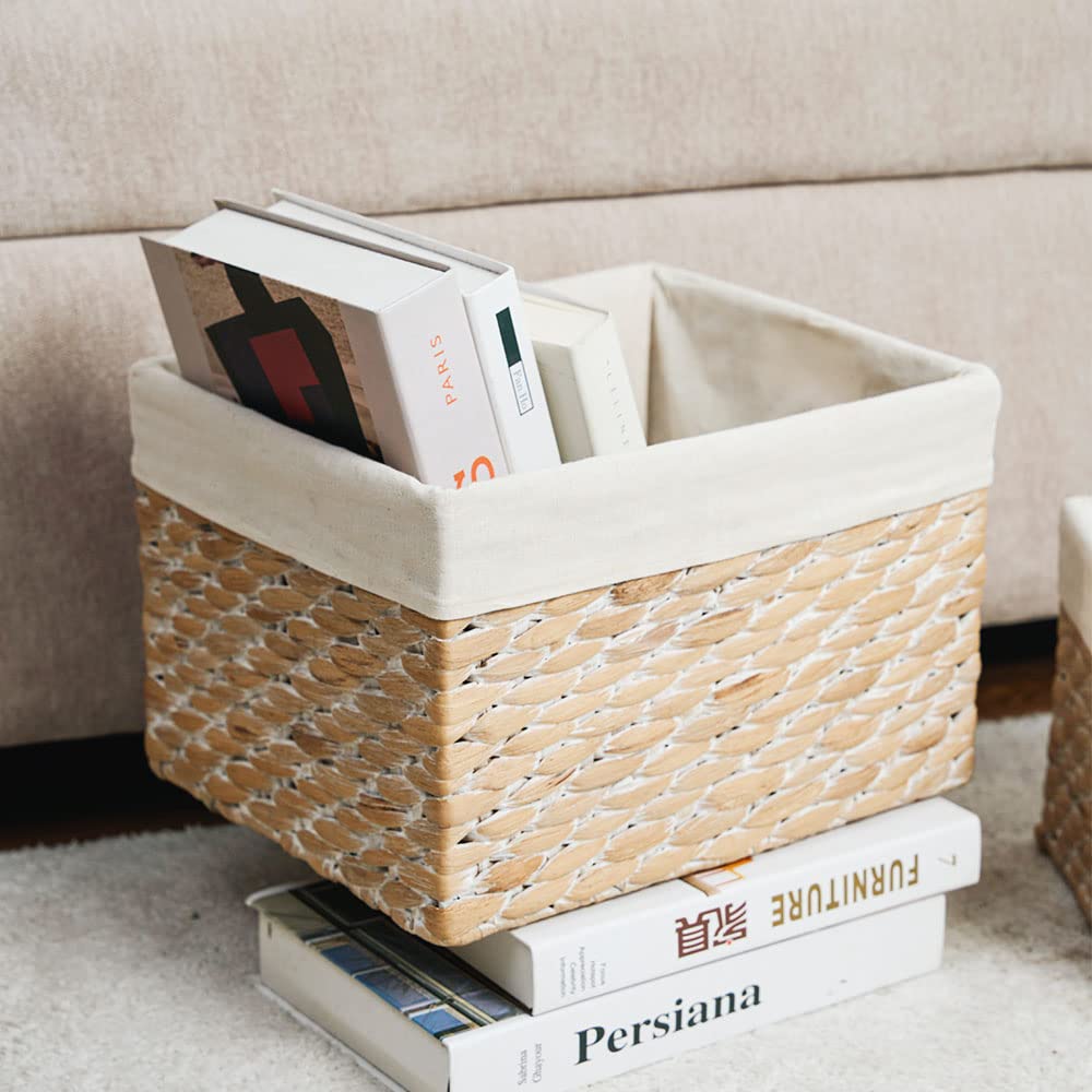 Decocoon Wicker Baskets 3 Pack, Rectangular Basket, Rattan Storage Basket, Wicker Basket with Handle, Wicker Storage Basket, Pantry Baskets Storage, Woven Baskets for Storage, Seagrass Storage Baskets