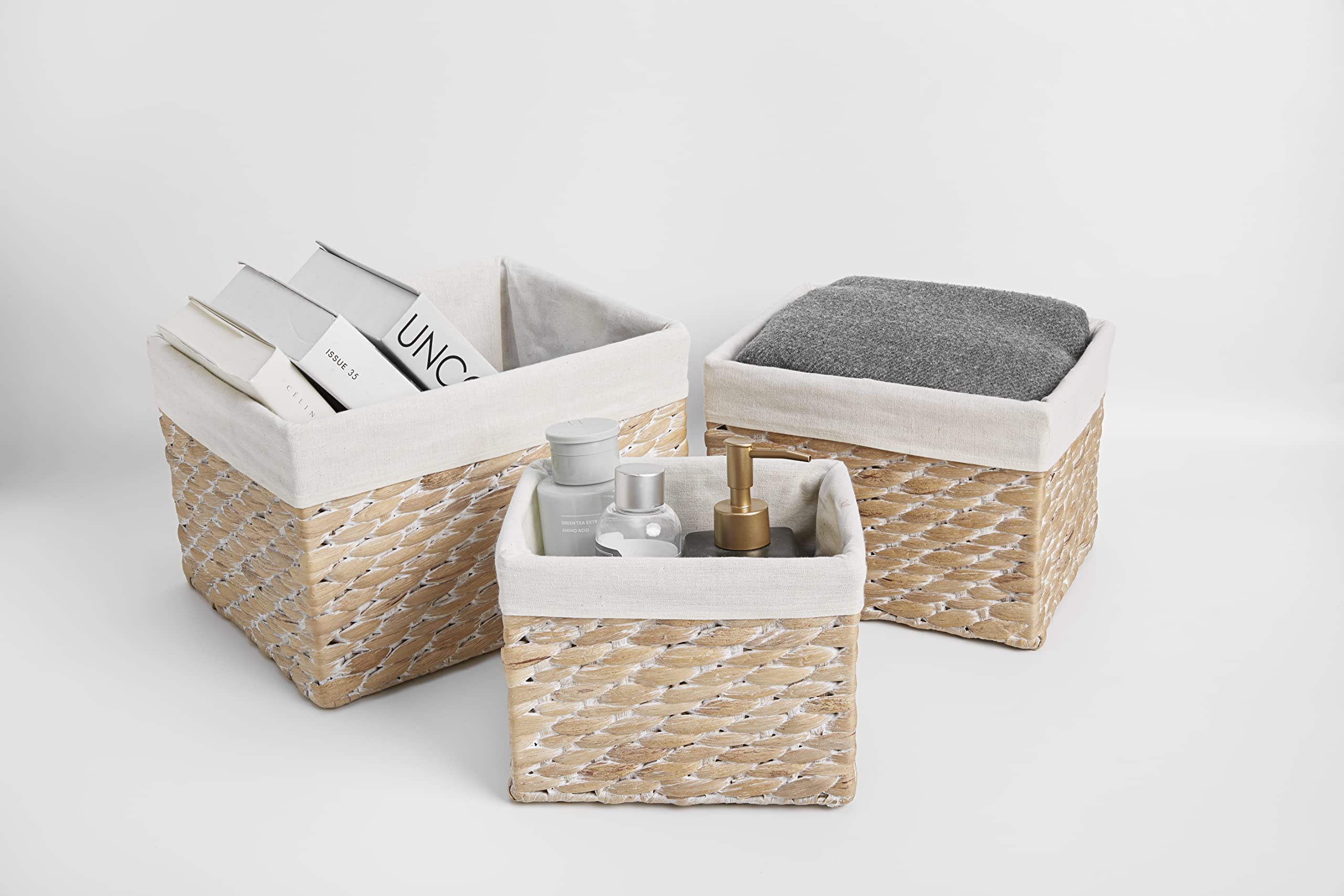 Decocoon Wicker Baskets 3 Pack, Rectangular Basket, Rattan Storage Basket, Wicker Basket with Handle, Wicker Storage Basket, Pantry Baskets Storage, Woven Baskets for Storage, Seagrass Storage Baskets