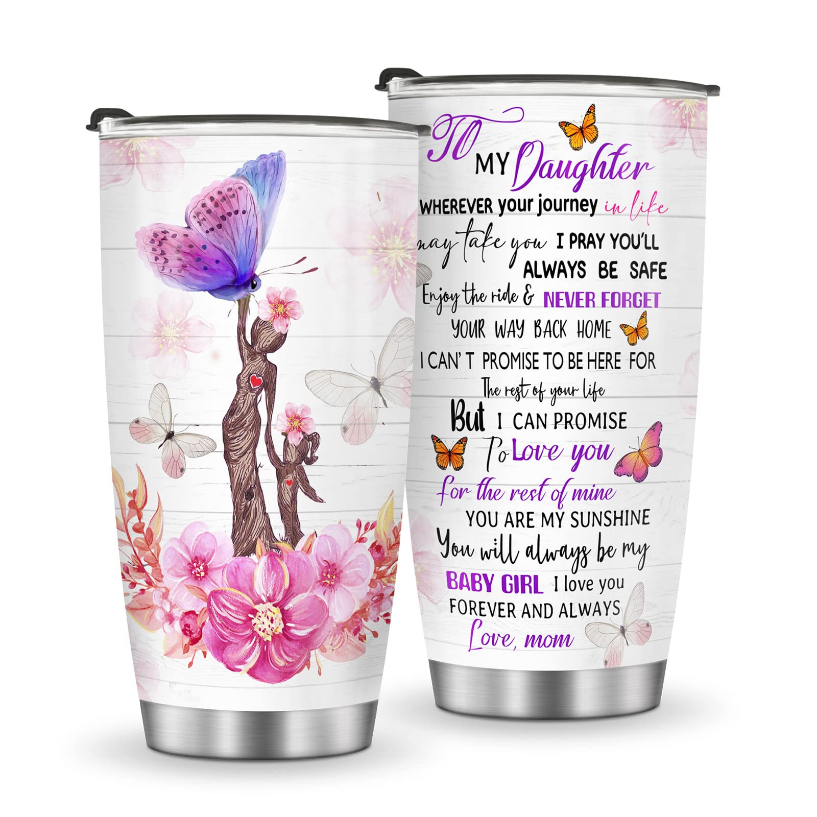 Jekeno Daughter Gift from Mom: Birthday Gifts for Daughter from Mama, Christmas Holiday Gifts Ideas for Daughters from Mother, Butterfly Flower 20oz Insulated Tumbler Cup Travel Coffee Mug with Lids