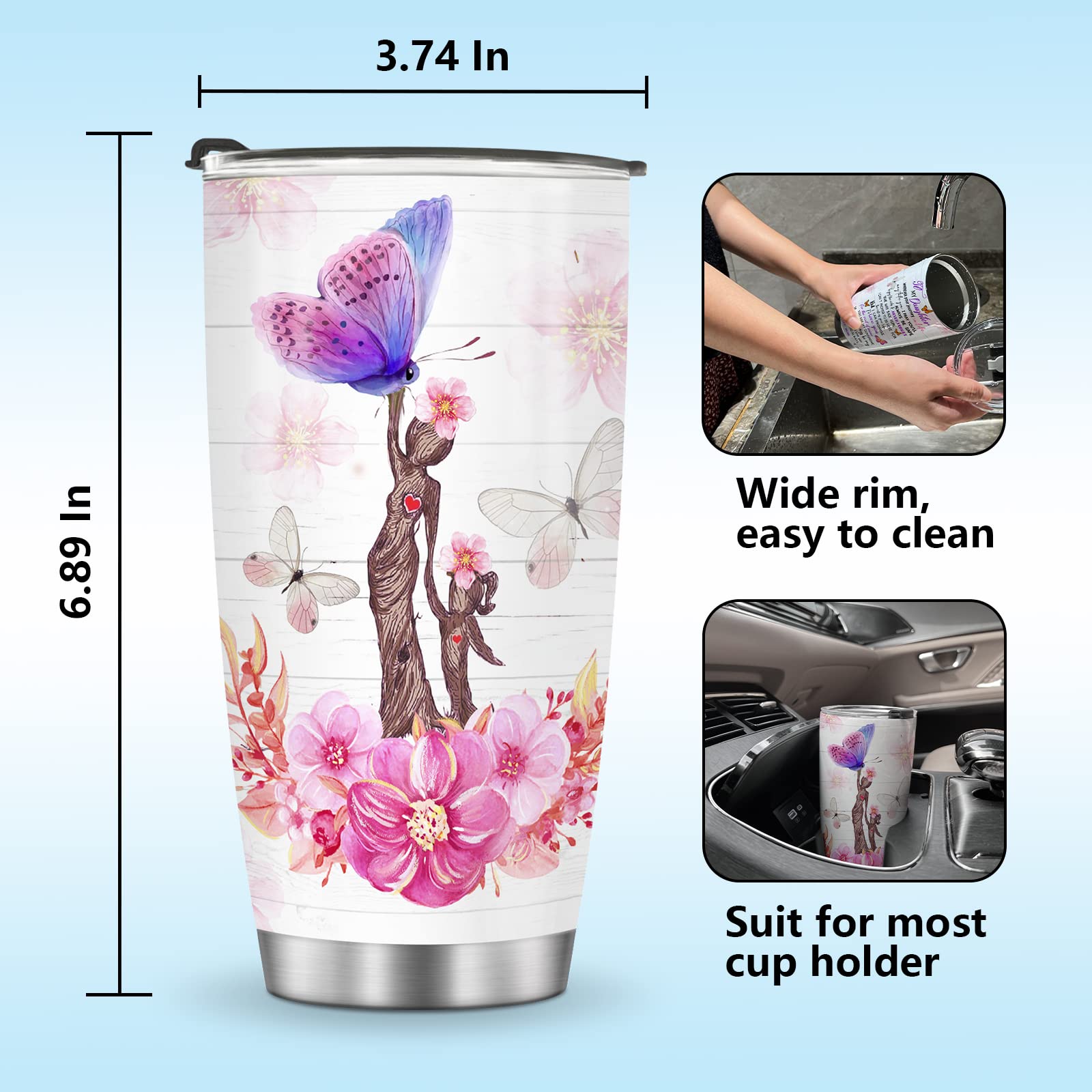 Jekeno Daughter Gift from Mom: Birthday Gifts for Daughter from Mama, Christmas Holiday Gifts Ideas for Daughters from Mother, Butterfly Flower 20oz Insulated Tumbler Cup Travel Coffee Mug with Lids