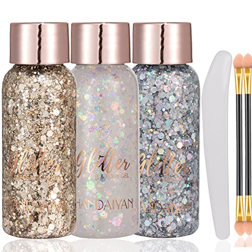 Face Glitter Gel, 3 Jars Holographic Chunky Glitter Makeup for Body, Hair, Face, Nail, Eyeshadow, Long Lasting and Waterproof Mermaid Sequins Shimmer Liquid Glitter (Set C)