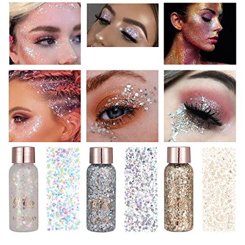 Face Glitter Gel, 3 Jars Holographic Chunky Glitter Makeup for Body, Hair, Face, Nail, Eyeshadow, Long Lasting and Waterproof Mermaid Sequins Shimmer Liquid Glitter (Set C)