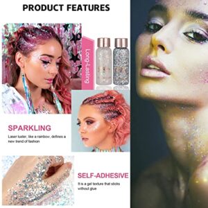 Face Glitter Gel, 3 Jars Holographic Chunky Glitter Makeup for Body, Hair, Face, Nail, Eyeshadow, Long Lasting and Waterproof Mermaid Sequins Shimmer Liquid Glitter (Set C)