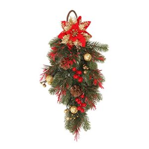 sempoda artificial christmas teardrop swag, 21.7in christmas wreath with bow & red berries & xmas ball, winter hanging pine leaves garland for home party wall window holiday wedding door decor