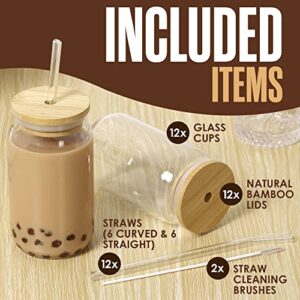 Houseables Glass Cups With Lids And Straws, Reusable Iced Coffee Glasses, 16oz, Set Of 12, Can Shaped Cute Tumbler, Bamboo Lid, For Drinking, Smoothie, Tea, Cocktail, Cold Brew, Soda, Travel Cup